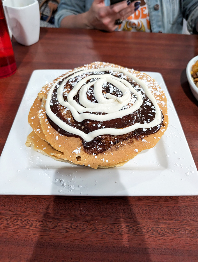 Pancake perfection achieved! This chocolatey swirl of goodness is like a breakfast bullseye &ndash; and you've hit the sweet spot jackpot.