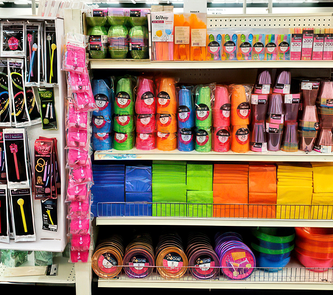 Party central! From neon cups to festive plates, this aisle has everything you need to throw a shindig that'll be the talk of the cul-de-sac.
