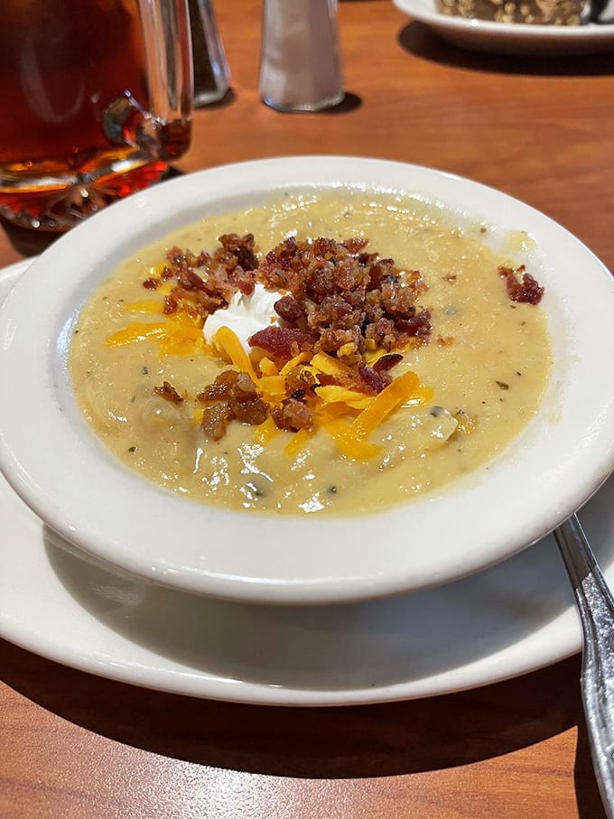 This isn't just potato soup&mdash;it's comfort in a bowl, topped with bacon, cheese, and sour cream in quantities that laugh in the face of moderation.