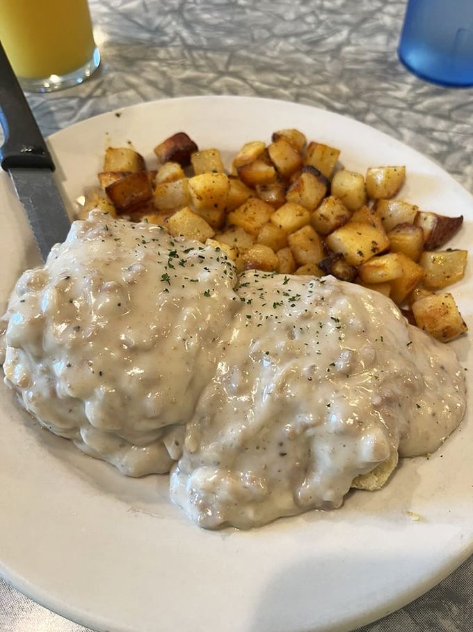 Biscuits and gravy: Southern comfort meets Vermont charm in a dish that's like a warm, peppery hug for your taste buds.