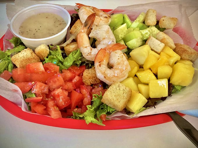 A salad that doesn't feel like punishment. Fresh, colorful, and topped with shrimp &ndash; it's like a little edible piece of paradise.