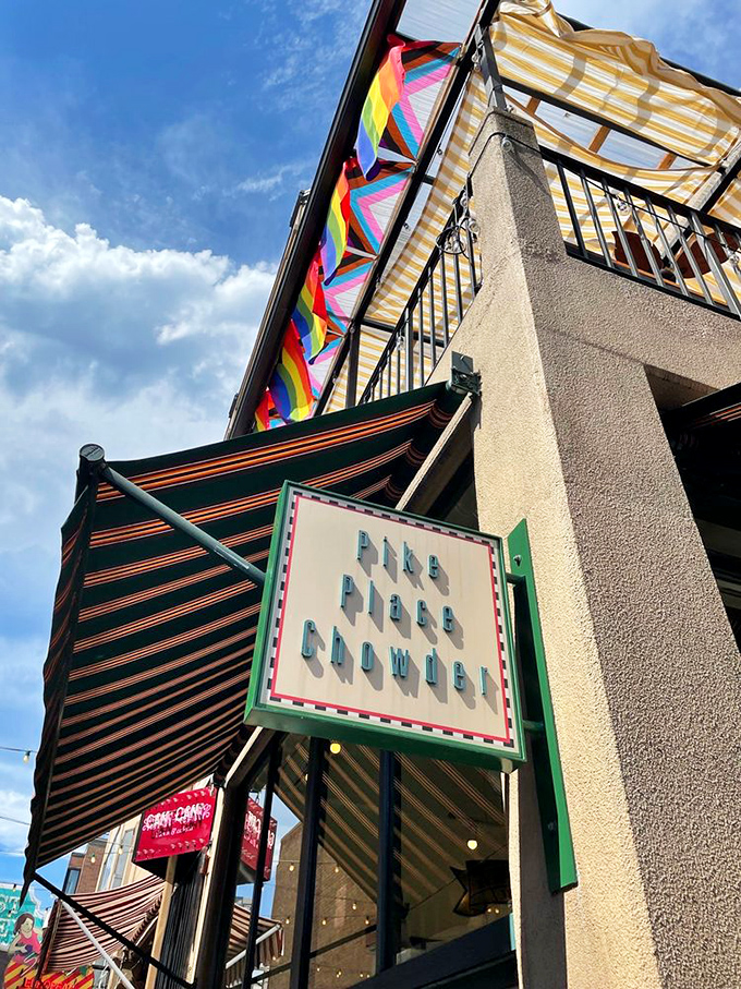 Neon dreams and chowder schemes! This sign is like a lighthouse, guiding hungry souls to their creamy destiny.