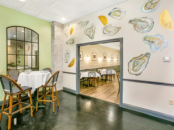 Who knew oysters could be such great wall art? This whimsical mural is a feast for the eyes before the real feast begins.
