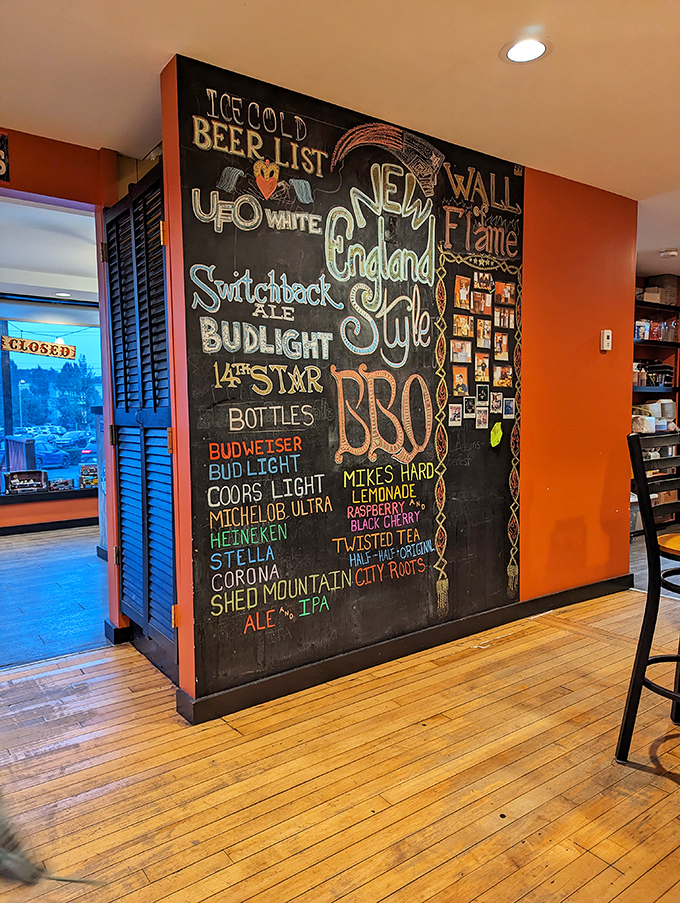 A chalkboard beer list that's more colorful than a Vermont autumn. From UFO White to Twisted Tea, there's a brew for every BBQ lover.