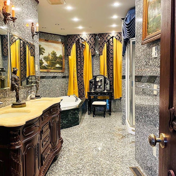 Powder room or portal to Narnia? This bathroom is so fancy, you might forget what you came in for.