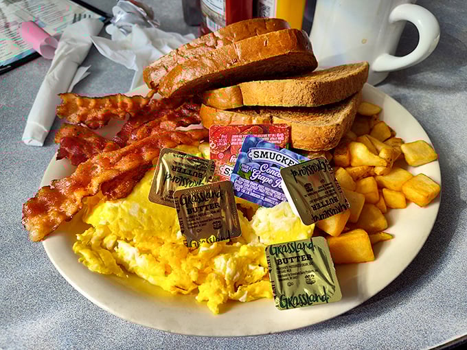 Now that's what I call a balanced breakfast! Eggs, bacon, and enough carbs to fuel your own personal space race.