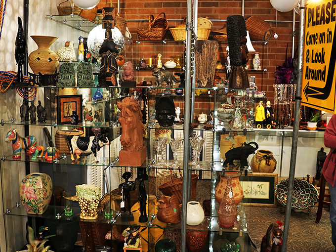Curio cabinet explosion! This display is a mishmash of memories and mayhem. It's like your eccentric aunt's living room, but with price tags and better lighting.