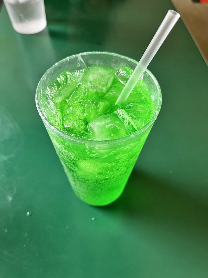 Great Scott! This vibrant green soda looks like it could power Doc Brown's DeLorean back to the future.