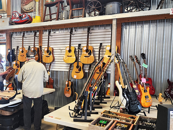 Strum your way to stardom! This wall of guitars is like a "Choose Your Own Adventure" for aspiring rock gods.