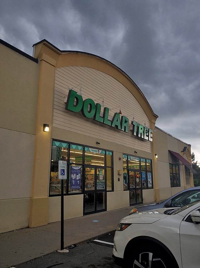 Even against brooding storm clouds, those green letters shine like a financial lighthouse, guiding shoppers to harbor in a sea of retail markups.