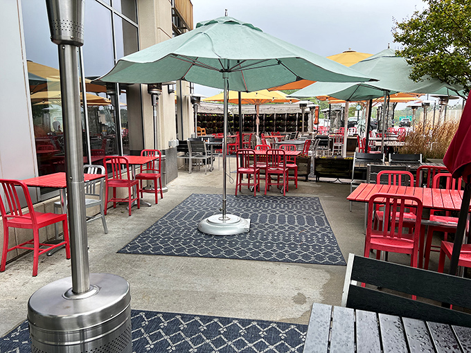 Outdoor seating that says, "Yes, Maryland has beautiful days too," with umbrellas standing guard against anything that might interrupt your meal.