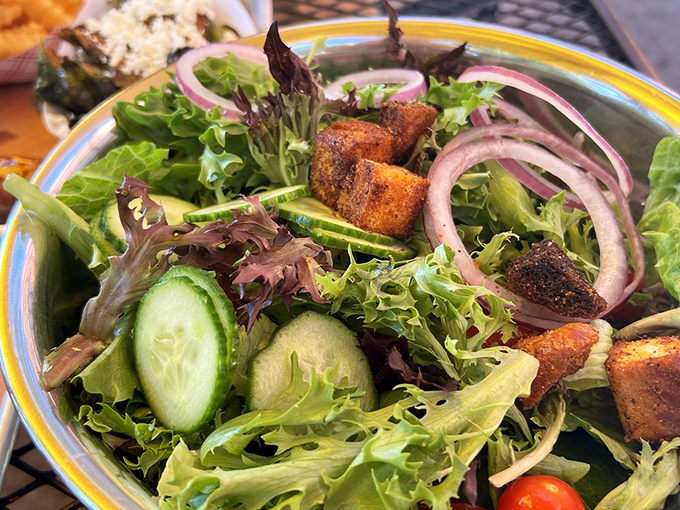 Even the salad gets the barbecue treatment. Those smoked croutons prove that vegetables can have fun too.