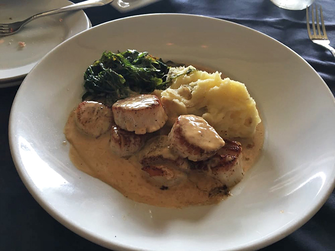 Sea meets land in perfect harmony. These plump scallops, nestled in creamy mash and flanked by vibrant greens, are a coastal symphony on a plate.