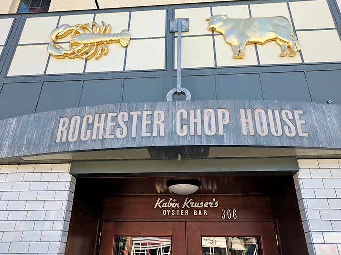 Land ho! This sign is like a lighthouse for hungry sailors, guiding you to a safe harbor of deliciousness. Bonus points for the golden sea creatures.