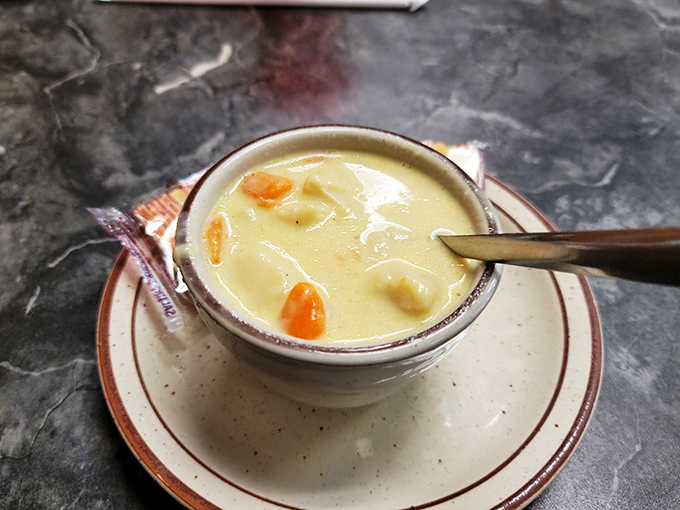 Soup's on, folks! This creamy concoction looks like it could warm you up faster than a bear hug from your favorite aunt.