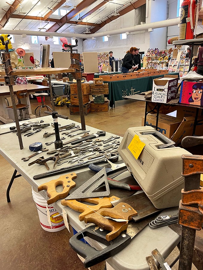 Tool time at the flea market! Whether you're a DIY dynamo or just love vintage gadgets, this table's got the right stuff.