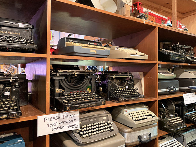 The original texting devices, lined up like soldiers of syntax. These typewriters are ready to declare war on writer's block.