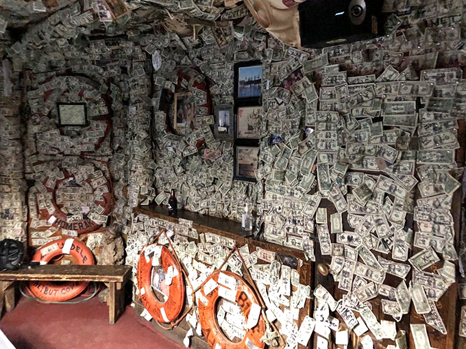 If these walls could talk, they'd probably ask for spare change. It's like a 3D "In God We Trust" art installation!