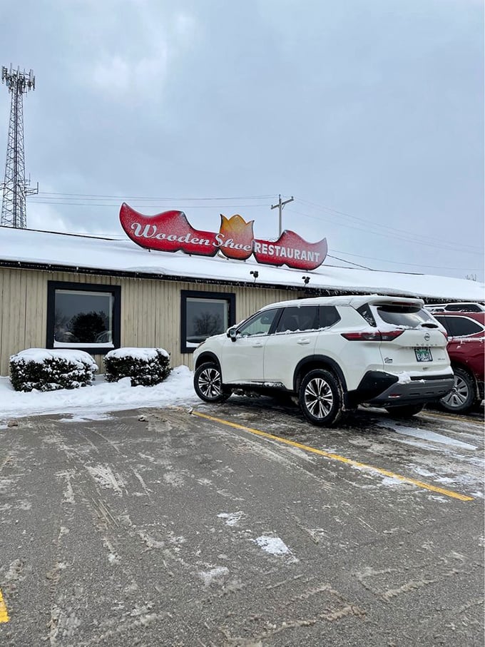 Snow or shine, the Wooden Shoe stands ready to serve. It's like a lighthouse, but instead of ships, it guides hungry souls to breakfast bliss.