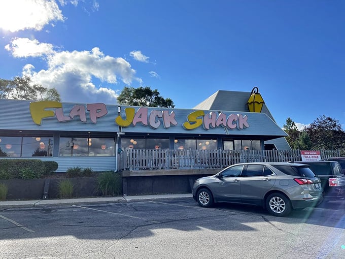 Pancake o'clock: always a good time. Day or night, this inviting exterior beckons breakfast lovers like a syrupy siren song.