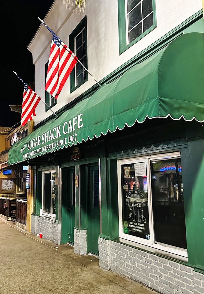 Night or day, Sugar Shack beckons! Even after dark, that green awning shines like a lighthouse, guiding hungry souls to breakfast nirvana.