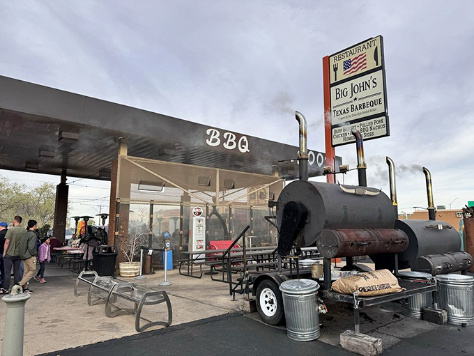 Smoke signals never looked so inviting. Those BBQ pits are like beacons of hope for hungry travelers.
