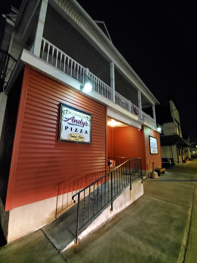 Pizza after dark! Andy's nighttime exterior glows like a beacon of hope for hungry night owls and late-night slice seekers.