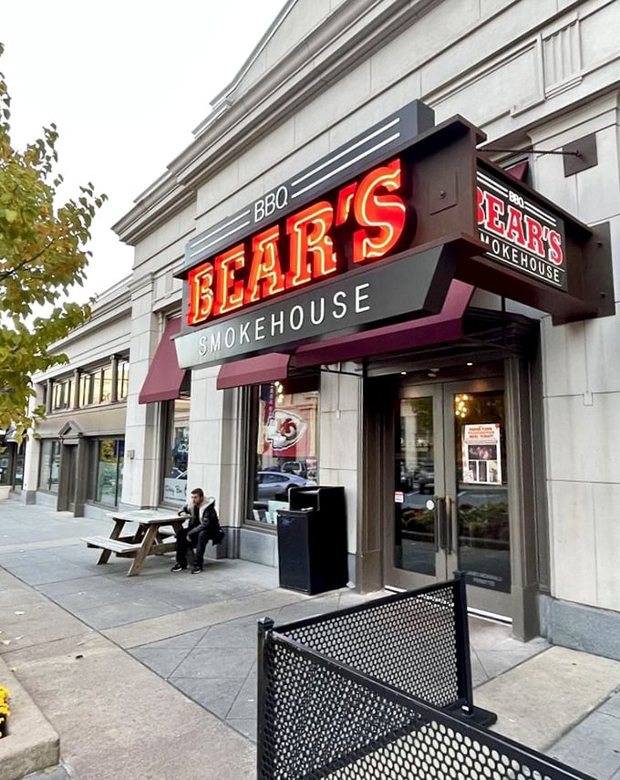 That neon sign is like a beacon of hope for hungry souls. Follow the glow to your new happy place!