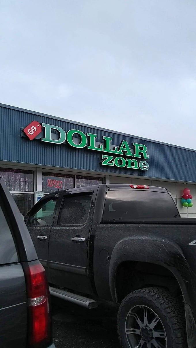 Even rugged Alaskan trucks make pilgrimages to this bargain mecca. The Dollar Zone sign stands proud against our signature gray skies.