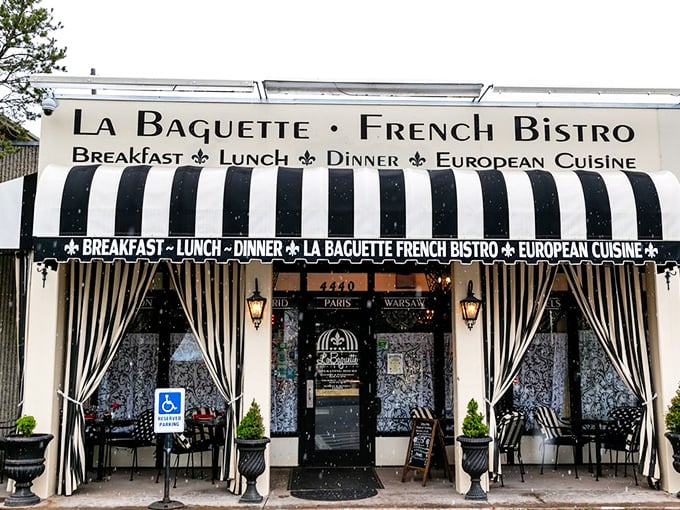 Come for the food, stay for the charm. La Baguette's exterior is like a welcoming hug wrapped in a striped awning.