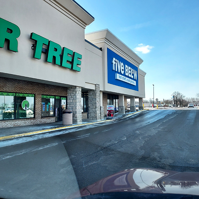 The dynamic duo of deals! Dollar Tree and Five Below stand side by side, a bargain hunter's one-two punch of savings.