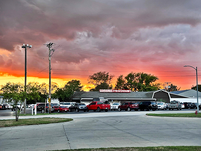 Sunset creates a dramatic backdrop for Farmer Brown's, with a parking lot full of cars that tells you everything you need to know.