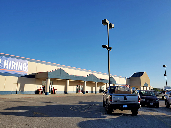 The calm before the bargain-hunting storm. This exterior view hints at the thrifting adventures waiting just beyond those doors.