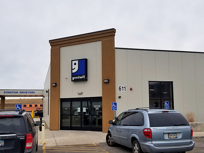 The gateway to greatness! This Goodwill entrance is where wallet-friendly retail therapy begins and ends.