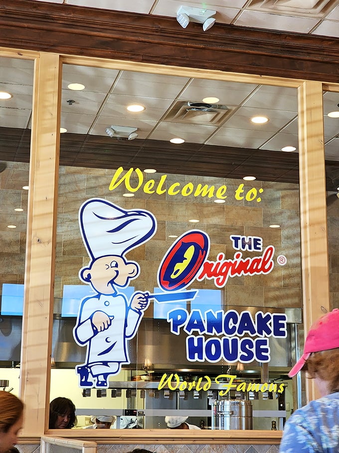 A sign that promises pancake perfection. Spoiler alert: it delivers on that promise, stack after glorious stack.