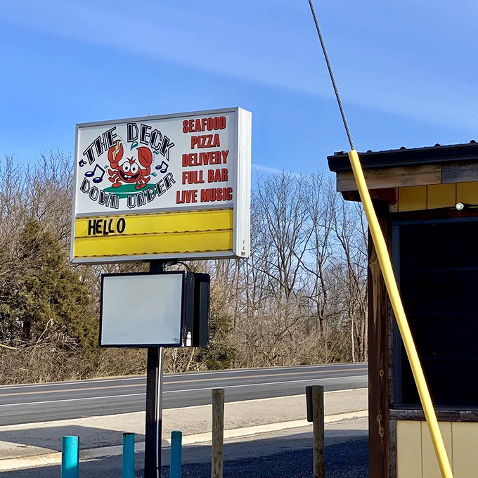 The sign says it all &ndash; seafood, pizza, and live music. It's like a one-stop shop for all your fun cravings!