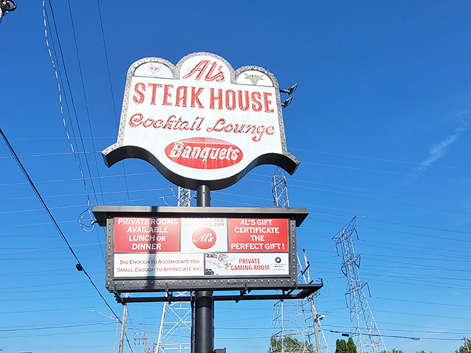 The vintage sign stands like a sentinel of satisfaction, guiding hungry travelers to what locals have known for decades.