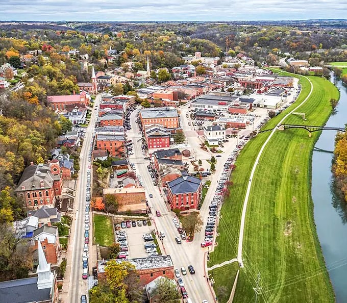 Galena from above: A bird's-eye view of charm, where the river lazily winds through a patchwork quilt of history, nature, and small-town magic.