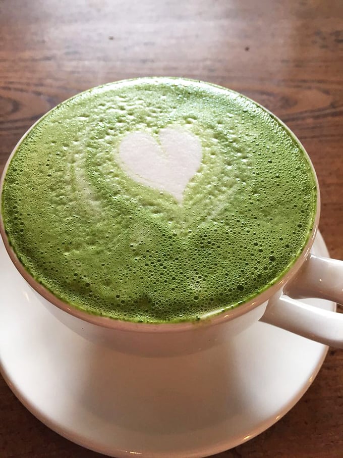 Green tea latte art that's more captivating than a Rorschach test. Is it a heart? A leaf? Who cares &ndash; it's delicious and Instagram-worthy!