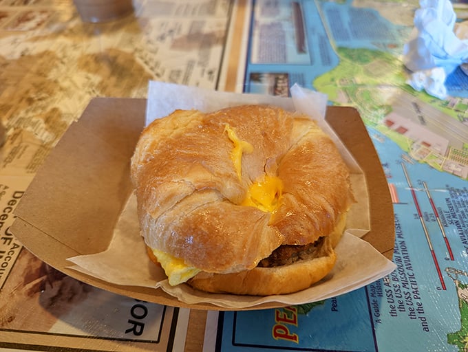 Aloha in a bun! This breakfast sandwich is ready to say good morning to your stomach.