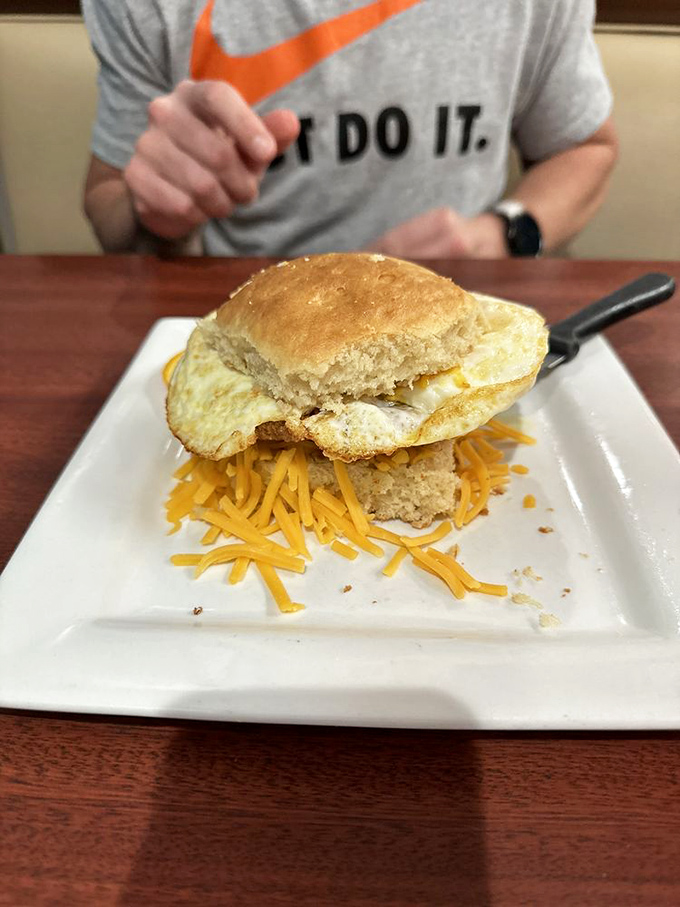 The breakfast sandwich of champions! This hearty handful is what Zeus would eat if he traded lightning bolts for a day job.