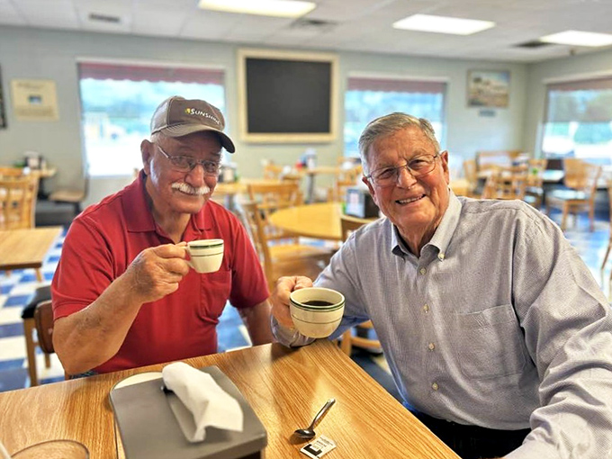 Coffee, conversation, and camaraderie! These gents know that life's sweetest moments are best shared over a steaming cup of joe.
