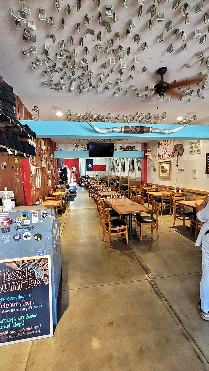Money doesn't grow on trees, but it sure does stick to ceilings! This quirky decor proves that at Texas Sunrise, your spare change can become part of history.