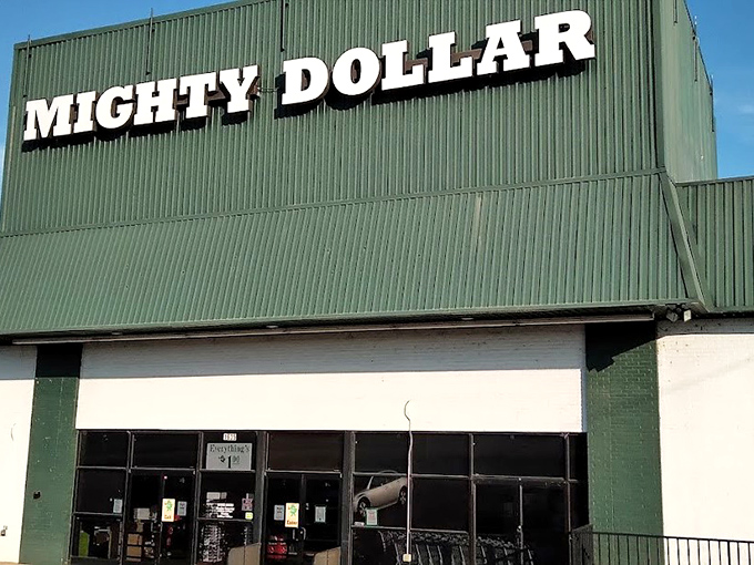 The mothership of markdown madness! Another angle of Mighty Dollar's exterior, promising a world of wallet-friendly wonders within.