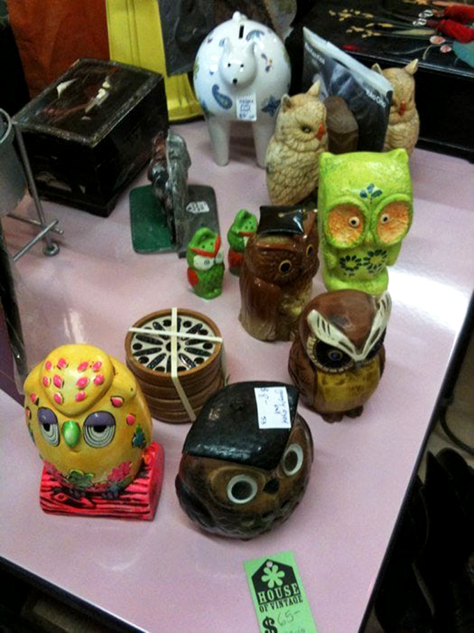 The owl collection! These ceramic guardians of vintage wisdom perch together, silently judging your fashion choices with their wide, knowing eyes.