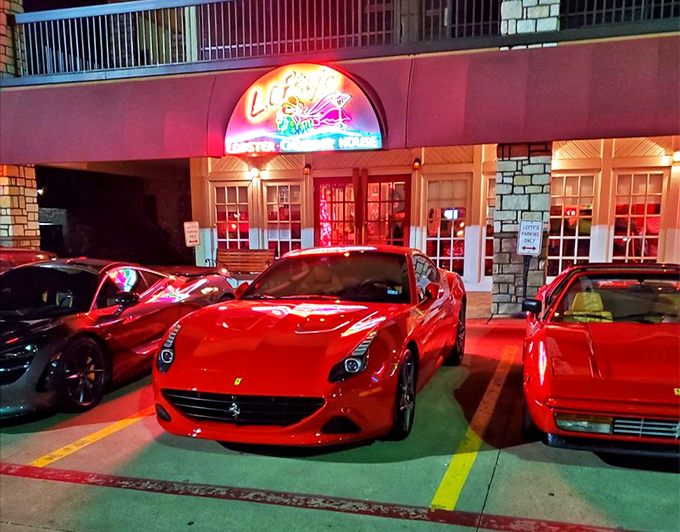 Ferraris at a seafood joint? Now that's what I call surf and turf, Texas style!