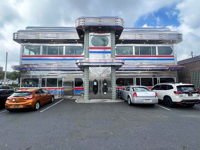 Park your DeLorean and prepare for a tasty trip through time. This diner's exterior is shinier than a disco ball at Studio 54!