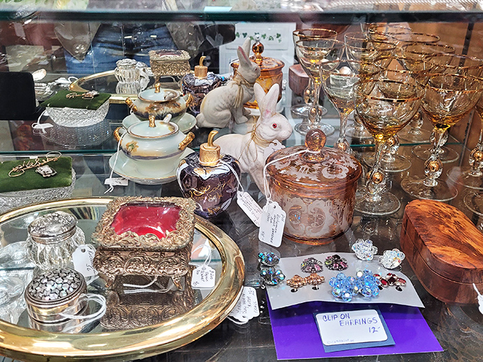 Glassware galore! From delicate crystal to kitschy tiki mugs, this case is a toast to the art of imbibing through the ages.