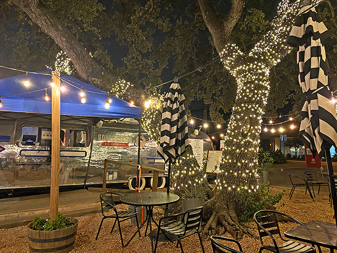 When the sun goes down, Gourdough's lights up! This twinkling oasis of fried dough is like Disneyland for donut lovers.