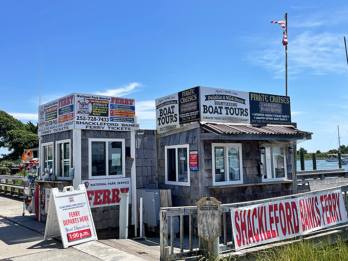 Adventure begins at this humble ferry service shack, gateway to wild horses, lighthouse views, and stories you'll embellish only slightly when retelling.